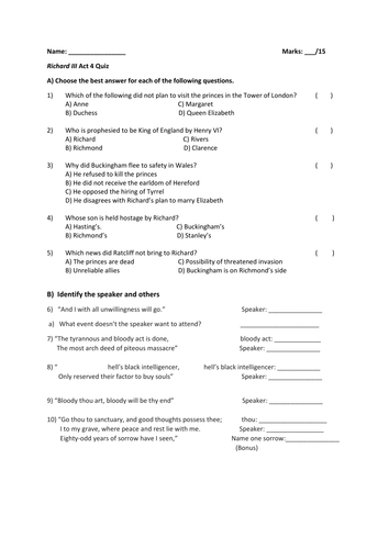 William Shakespeare's Richard III worksheets | Teaching Resources