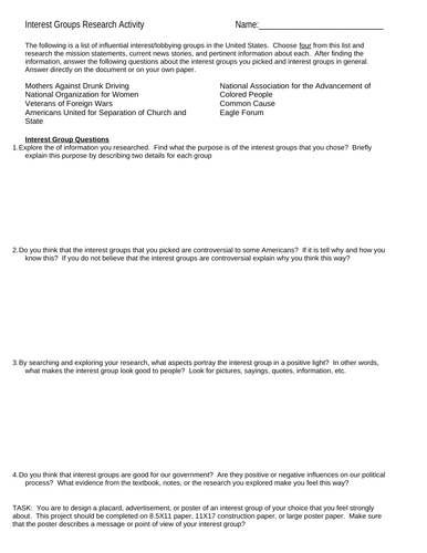Interest Groups Research Activity | Teaching Resources