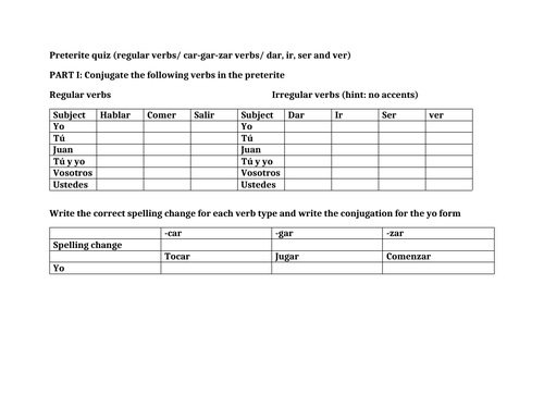 Preterit quiz regular ar, er, ir and car, gar, zar verbs | Teaching ...