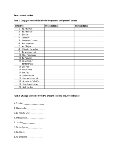Exam review packet present and preterit tenses | Teaching Resources