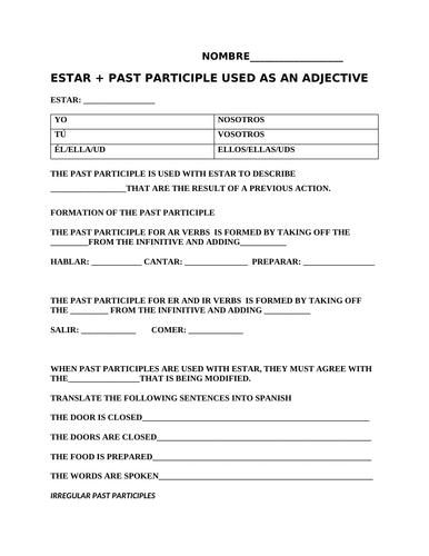 Estar and past participle graphic organizer | Teaching Resources