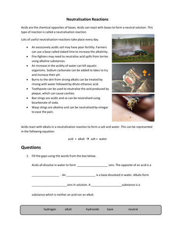 Neutralisation Réactions Worksheet | Teaching Resources