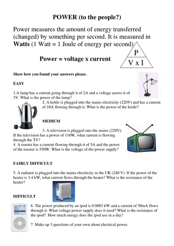 Power and energy calculations | Teaching Resources