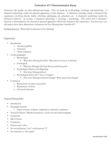 FAHRENHEIT 451: Characterization Essay Assignment | Teaching Resources