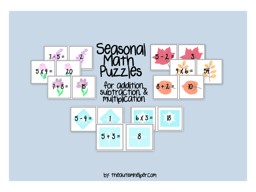 Seasonal Math Puzzles for Addition, Subtraction, & Multiplication ...