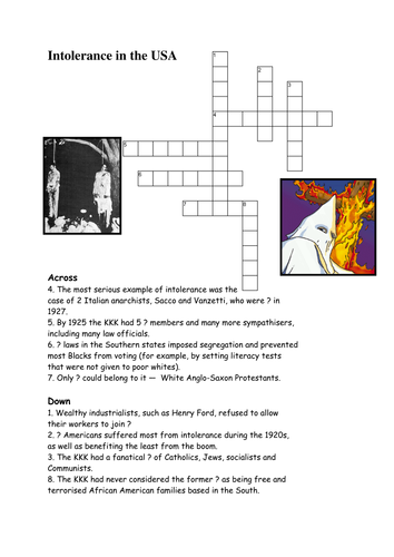 Intolerance in the 1920s USA Crossword Puzzle | Teaching Resources