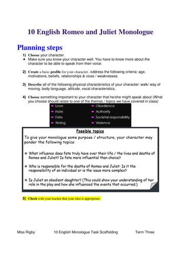 Romeo and Juliet Monologue Task and scaffolding | Teaching Resources