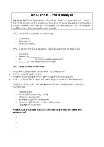 AS A2 Business SWOT analysis worksheet | Teaching Resources