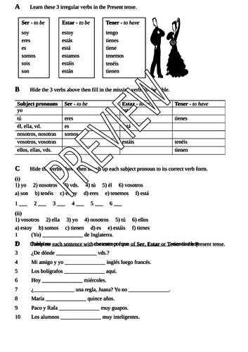 The Present tense of Ser, Estar, Tener and the Present Continuous tense ...