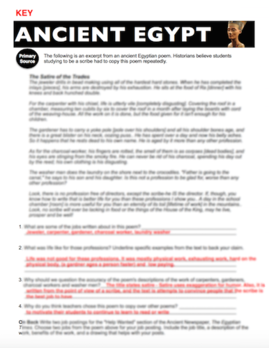 Ancient Egyptian Poem Primary Source Worksheet | Teaching Resources