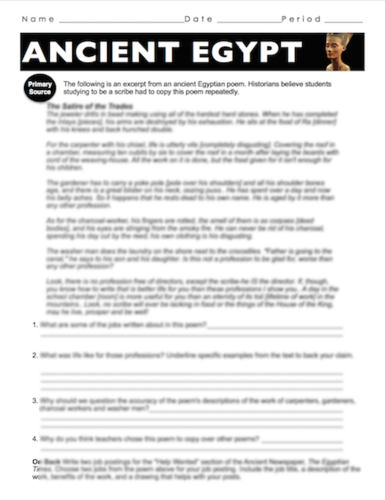 Ancient Egyptian Poem Primary Source Worksheet | Teaching Resources
