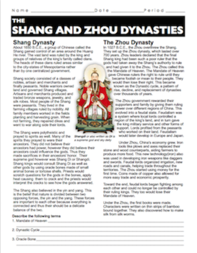 Shang and Zhou Dynasties Informational Text Worksheet | Teaching Resources