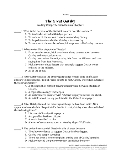 The Great Gatsby Chapter 4 Quiz and Answer Key | Teaching Resources