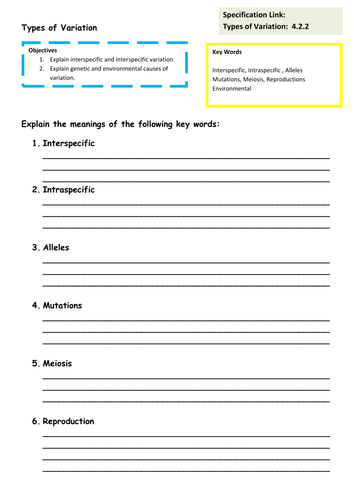 A Level Biology Types of Variation Lesson & Activities | Teaching Resources