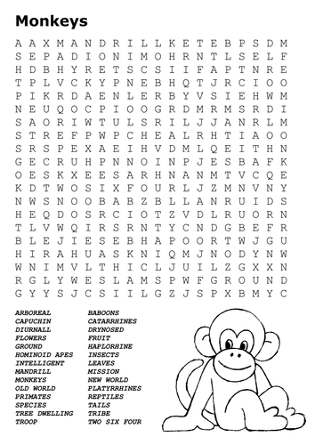 Monkeys Word Search | Teaching Resources