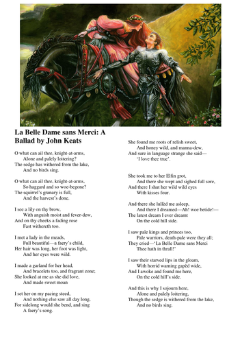 LA BELLE DAME SANS MERCI KEATS Relationships Collection GCSE Activities ...