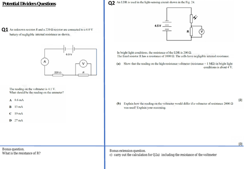 Potential Divider for A-level Physics | Teaching Resources