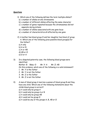 Blood group genetics - multiple choice questions | Teaching Resources