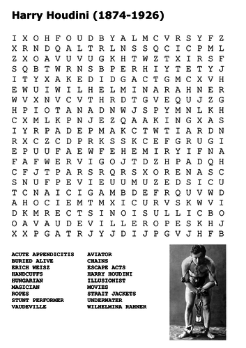 Harry Houdini Word Search | Teaching Resources