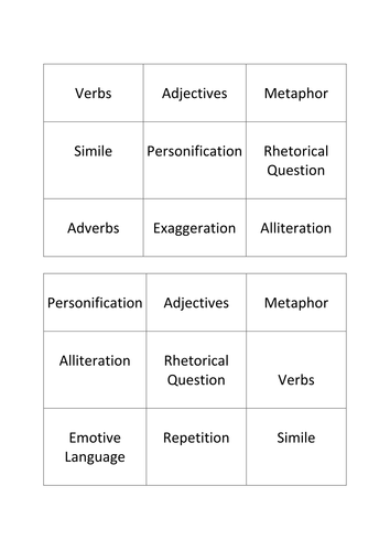Language devices/techniques revision | Teaching Resources Language devices/techniques revision | Teaching Resources