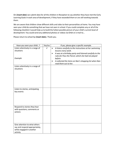 ELG evidence gathering proforma for parents | Teaching Resources