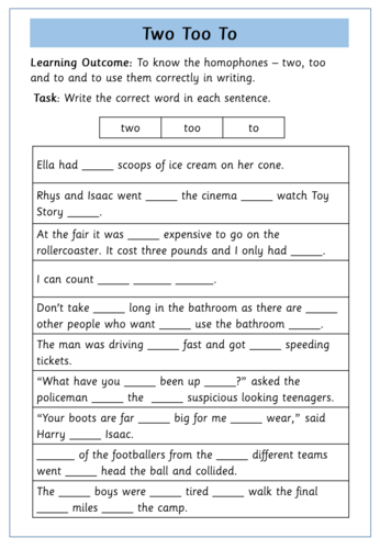 Homophones: Year 2 - To, Too, Two | Teaching Resources