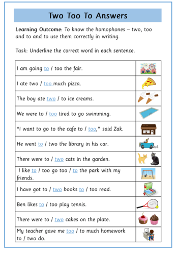 Homophones: Year 2 - To, Too, Two | Teaching Resources