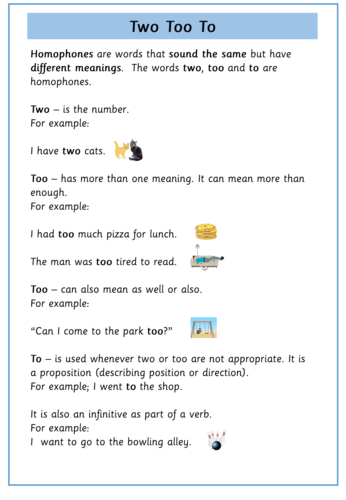 Homophones: Year 2 - Too, Two, Too | Teaching Resources