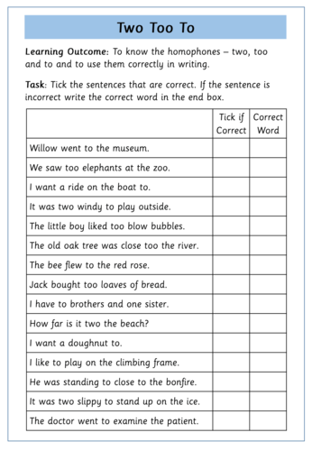 Homophones: Year 2 - Too, Two, Too | Teaching Resources