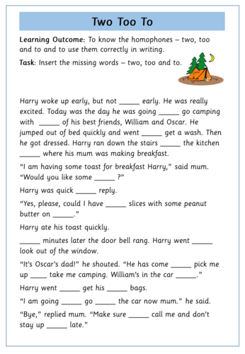 Homophones: Year 2 - Too, Two, Too | Teaching Resources
