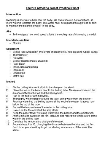 AQA GCSE Biology The Effect of Wind on Sweating Practical Lesson ...