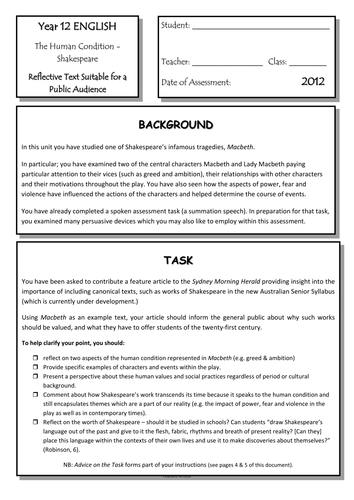 Macbeth Assessment Task Sheets | Teaching Resources