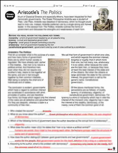 Aristotle's Primary Source Worksheet (Greece) | Teaching Resources
