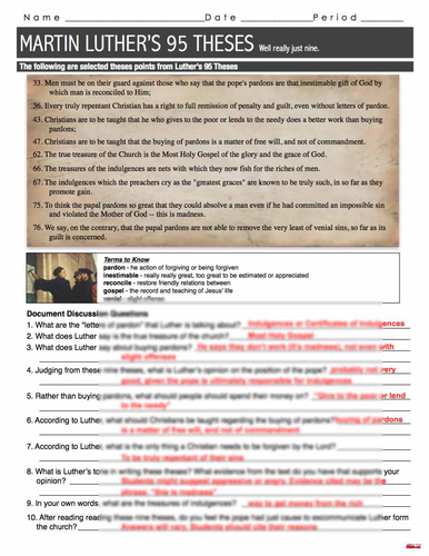 Luther’s 95 Theses Primary Source Worksheet (Renaissance Reformation ...