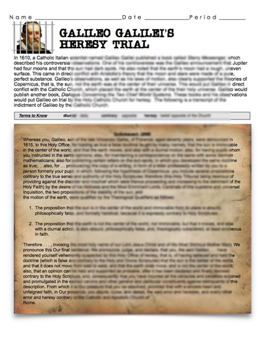 Galileo Primary Source Activity: Galileo's Indictment by the Catholic ...