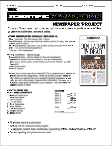 Scientific Revolution Newspaper Project | Teaching Resources