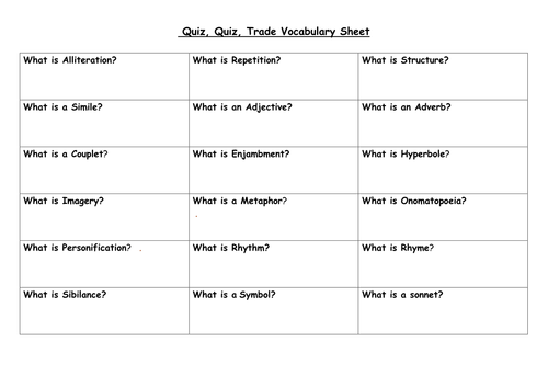 Poetry Terms Quiz Quiz Trade and Bingo | Teaching Resources