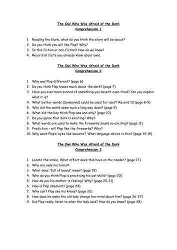 The Owl Who Was Afraid of the Dark Comprehension Questions | Teaching ...