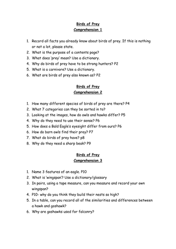 Birds of Prey Comprehension Questions | Teaching Resources