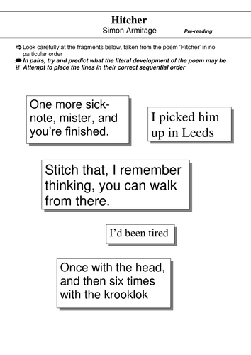 Poetry - Simon Armitage 'Hitcher' | Teaching Resources