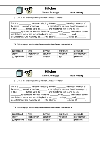 Poetry - Simon Armitage 'Hitcher' | Teaching Resources
