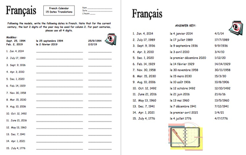 French Calendar 15 Dates Translations - French Dates | Teaching Resources