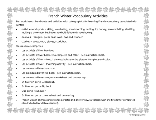French Winter - L'hiver - activities, worksheets and handouts ...