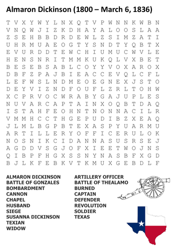 The Alamo - Almaron Dickinson Word Search | Teaching Resources