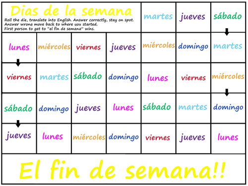 Dias de la semana (Spanish Days of the Week) Game | Teaching Resources
