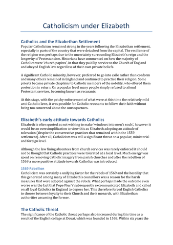 Elizabeth I: Religious Opposition | Teaching Resources