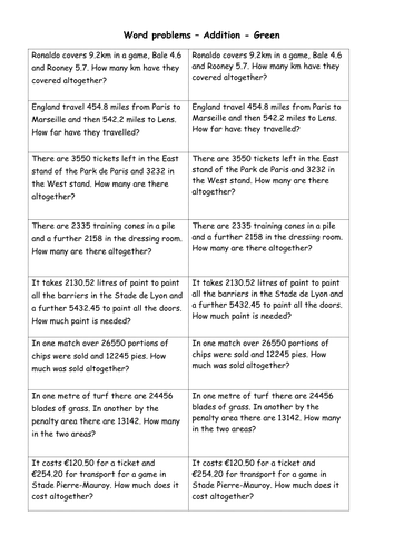 Football themed addition and subtraction worded problems, 4 way ...