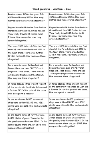 Football themed addition and subtraction worded problems, 4 way ...