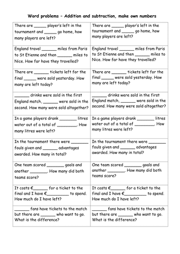 Football themed addition and subtraction worded problems, 4 way ...