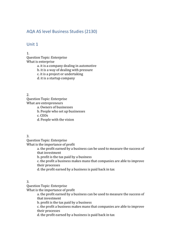 GCE AS Level Business Studies Multiple Choice Questions (Unit 1) for ... GCE AS Level Business Studies Multiple Choice Questions (Unit 1) for ...